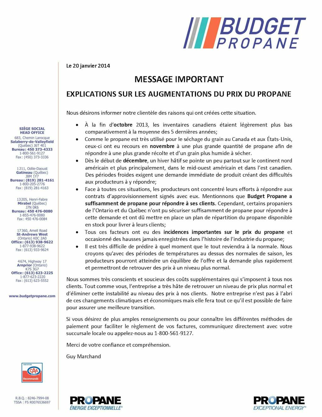 Explications sur les augmentations du prix du propane. | Budget Propane